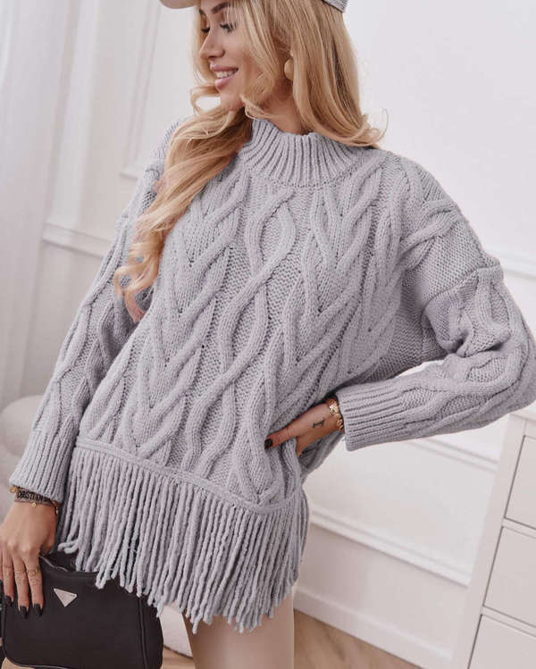 Gruby sweter Cocomore z długim rękawem i frędzlami splot warkocz szary ...