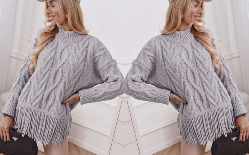 Gruby sweter Cocomore z długim rękawem i frędzlami splot warkocz szary ...